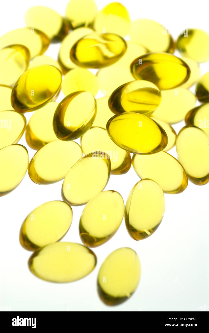 Close up of gel capsules conatining high concentrate fish oil rich in ...