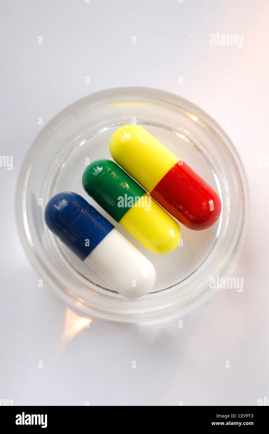 Aerial view of a pot containing capsules of different colours Stock ...