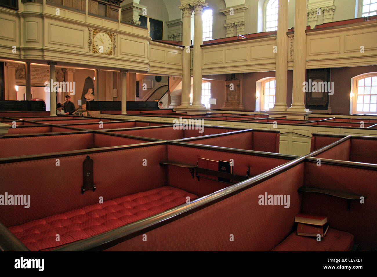 View across the seating cubicles inside King's Chapel, Boston ...