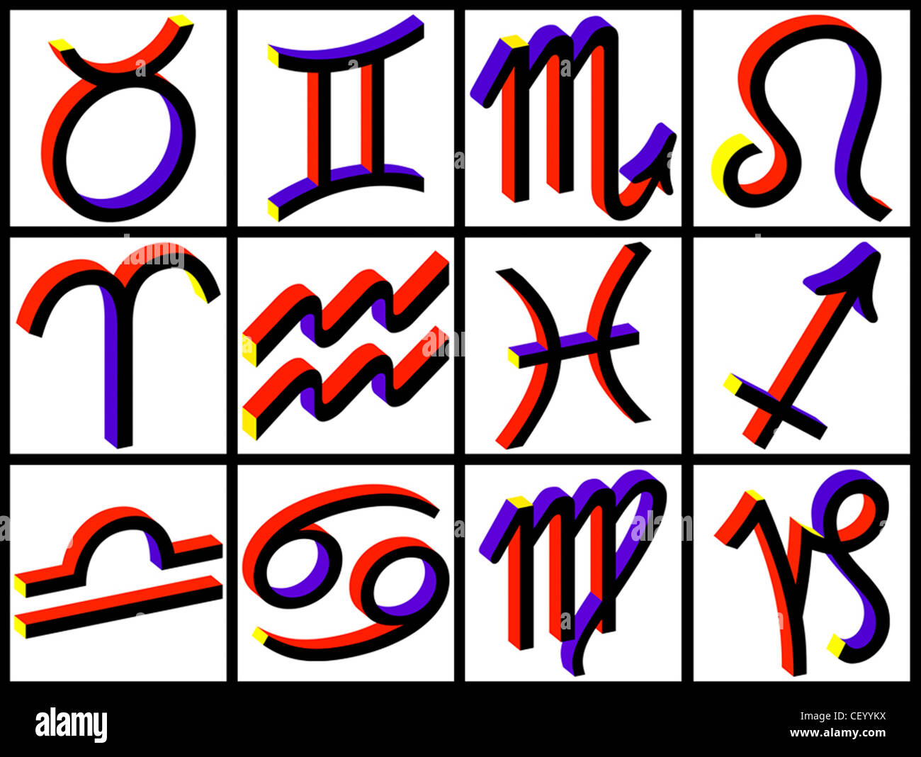 Illustrated star signs A set of colourful shadowed astrological star ...