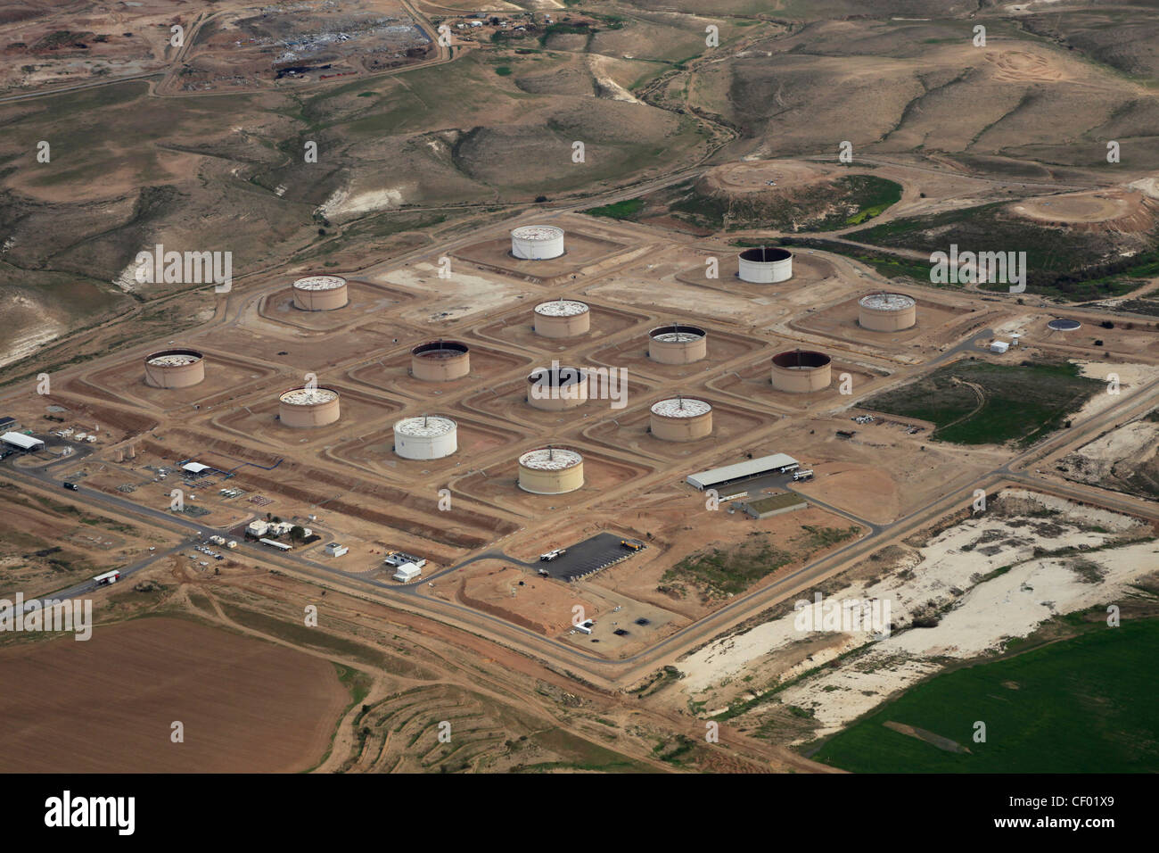 Aerial view of oil storage tank compound in the Western Negev area ...
