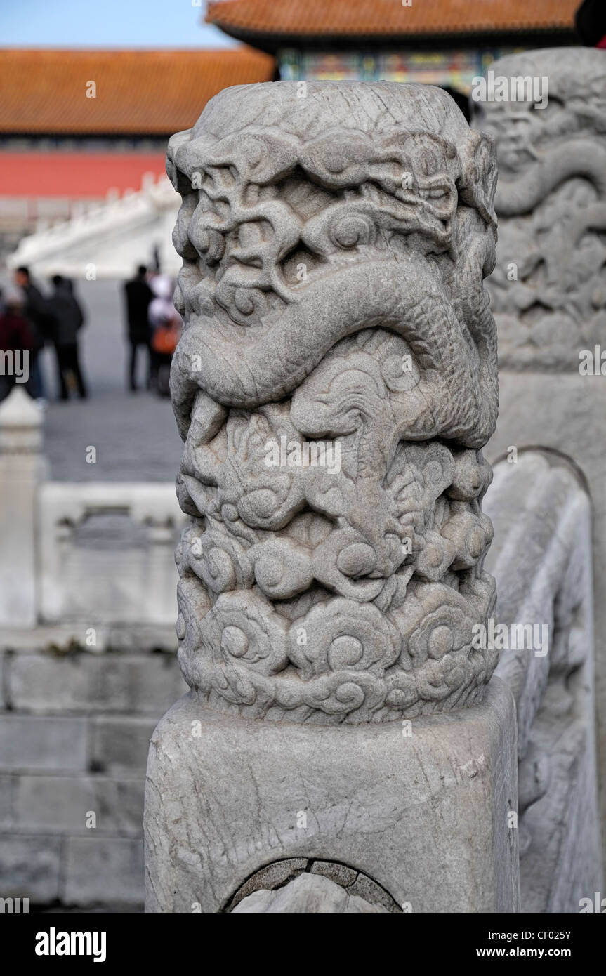 ornate detail bas relief carving dragons white marble pillar bridge ...