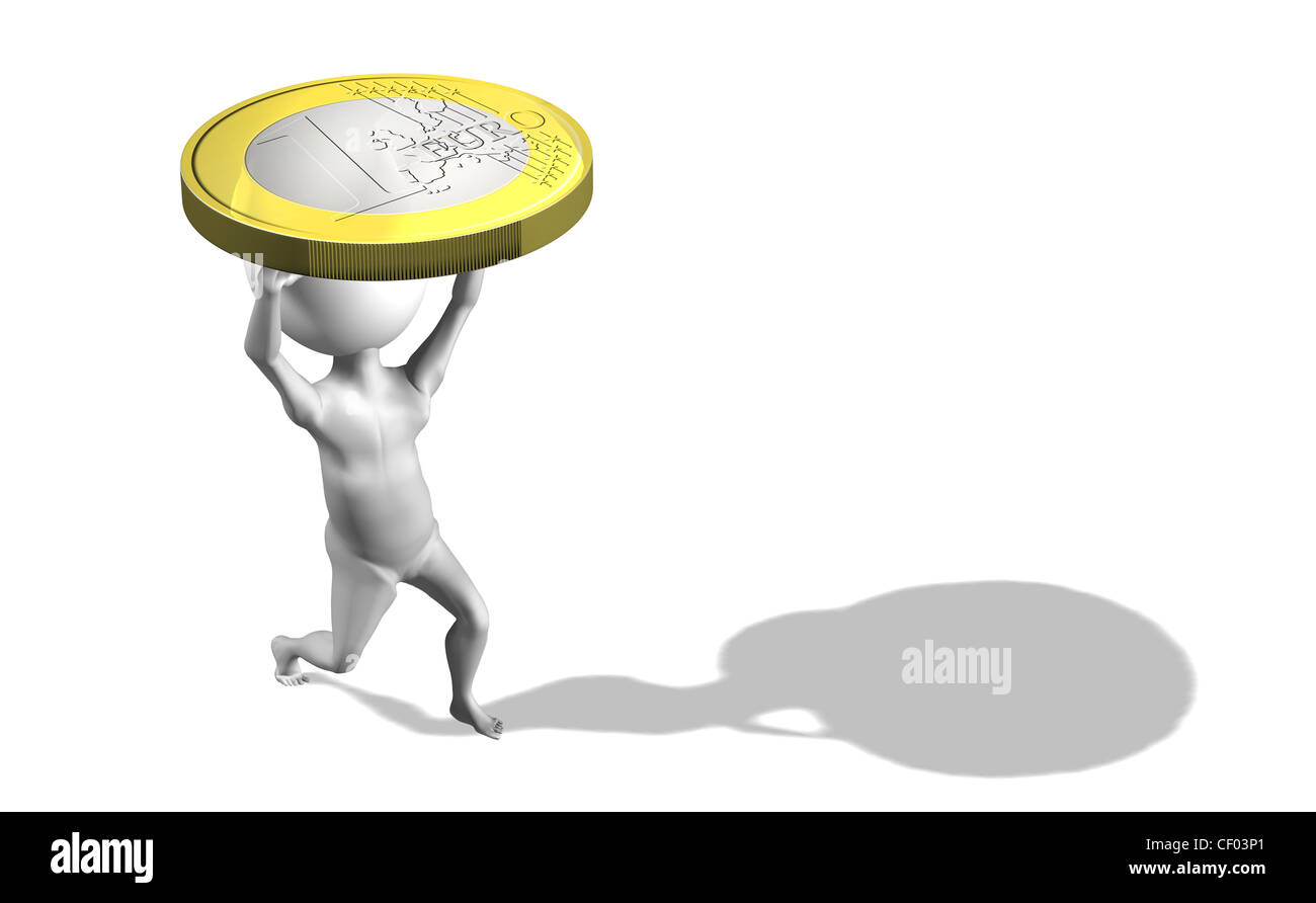 A little 3d guy carrying 1 euro coin. Conceptual Stock Photo - Alamy