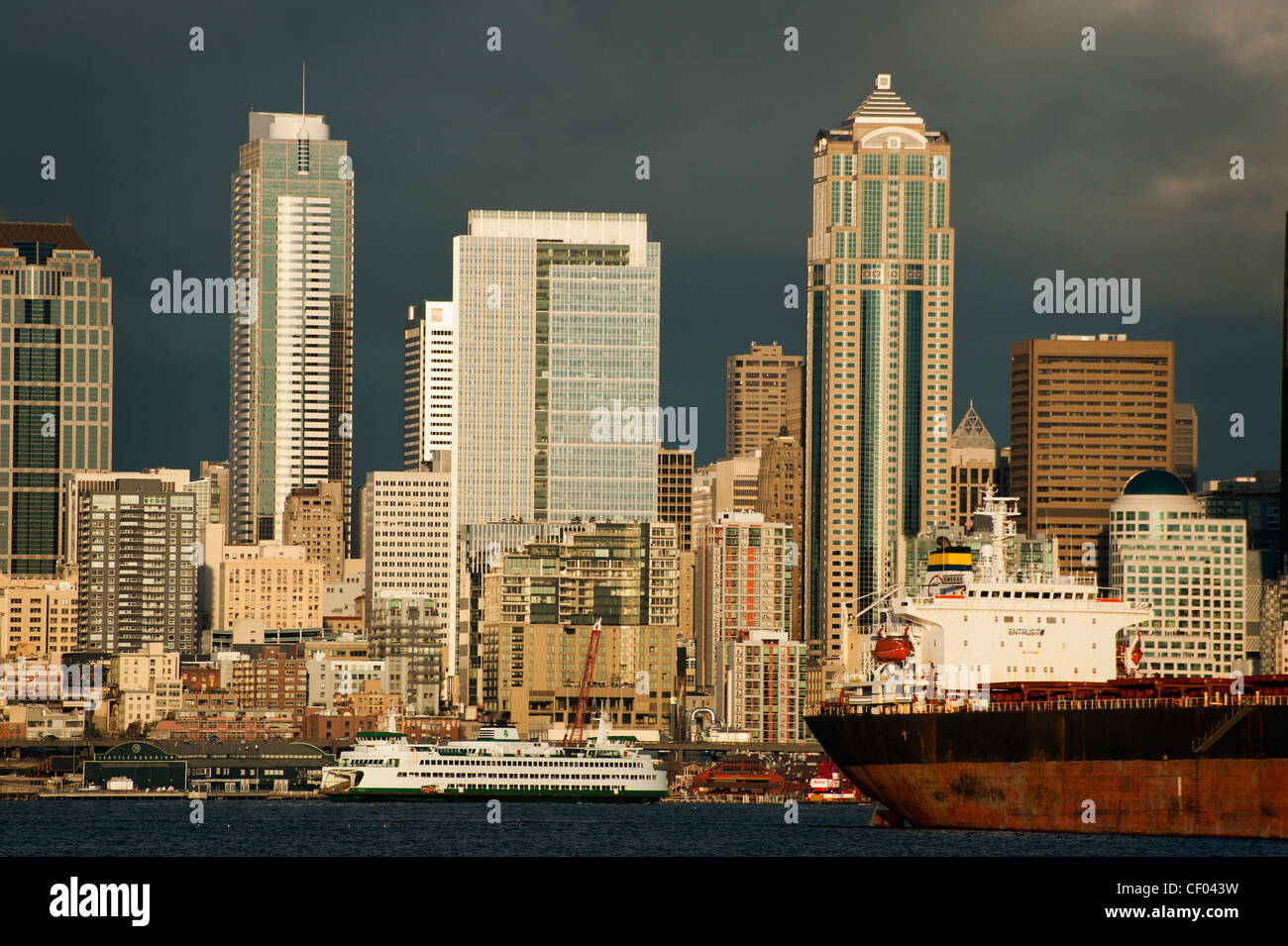 A Dramatic Sunset Highlights The Beautiful Seattle Waterfront Across