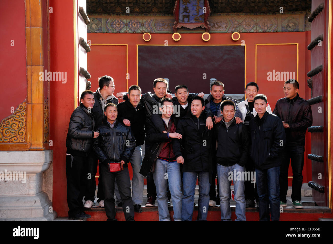 group of happy smiling chinese men male tourists visiting forbidden ...