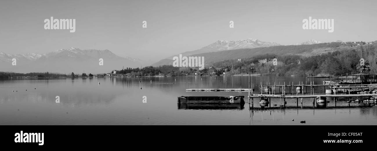 Panoramic view Lake of Viverone in black and white Stock Photo - Alamy