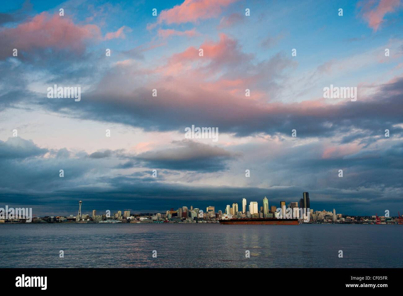A Beautiful Seattle Skyline Sunset Along The Elliott Bay Waterfront