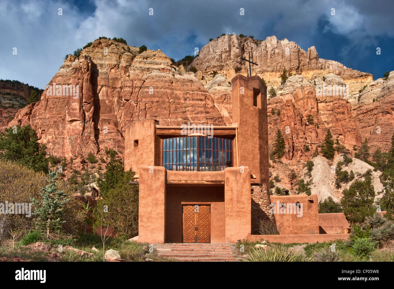 Church at Christ of the Desert Monastery, Mesa de las Viejas behind, in ...