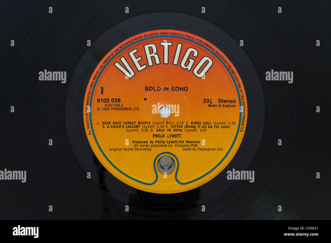 Label of original vinyl record album Solo In Soho by Philip Lynott ...