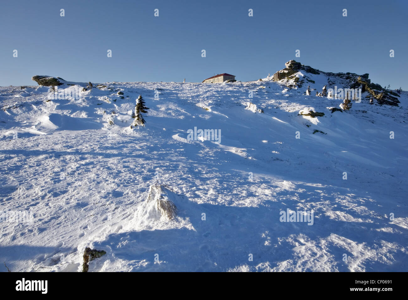 Winter hut at the top of mountain. Ural mountains. National park ...