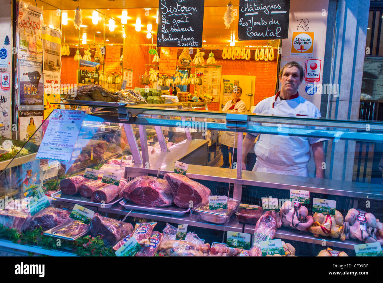 Paris, France, French Butcher in shop Front in Montorgeuil District ...