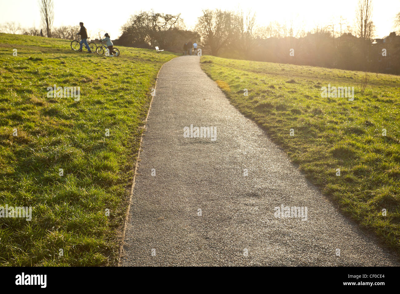 Tarmac footpath through a grassy field, Hampstead Heath, London ...