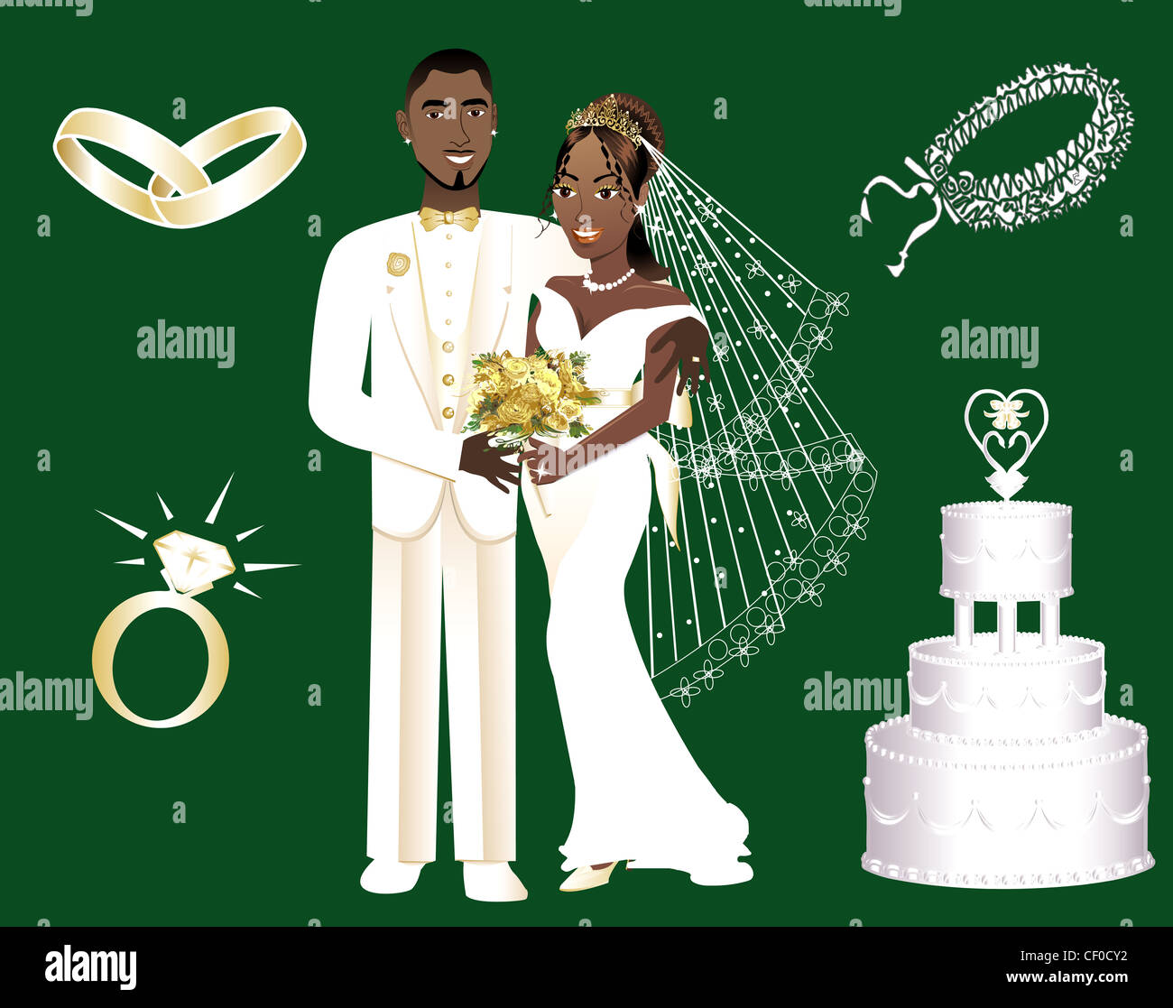 Vector Illustration of a wedding couple and icons Stock Photo - Alamy