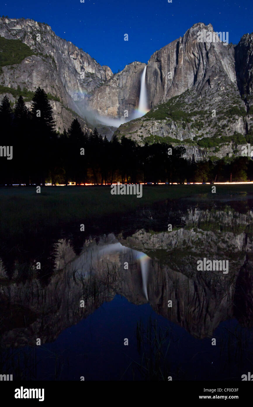 Lunar Rainbow, also known as a moonbow, below Upper Yosemite Falls ...