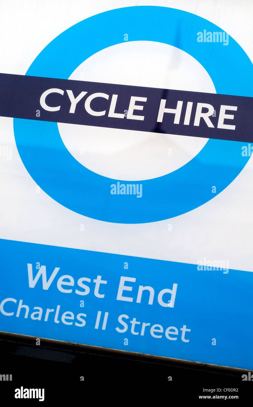 Detail of a cycle hire sign in the West End of London, England, UK ...