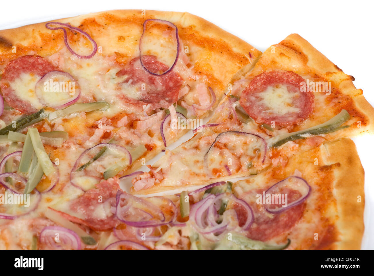 pizza closeup with smoked meat, salami, gherkin, onion and mozzarella ...