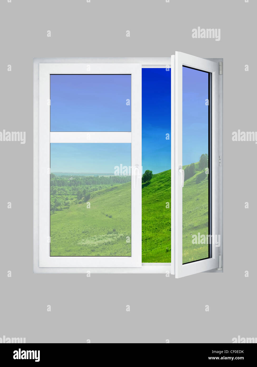 Open window at grey wall and the summer landscape Stock Photo - Alamy