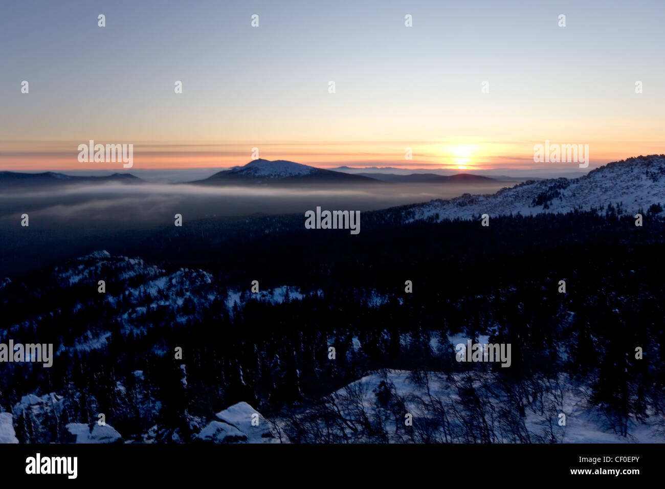 Sunset in Ural mountains. Taiga, Siberia, Russia. Taganay national park ...