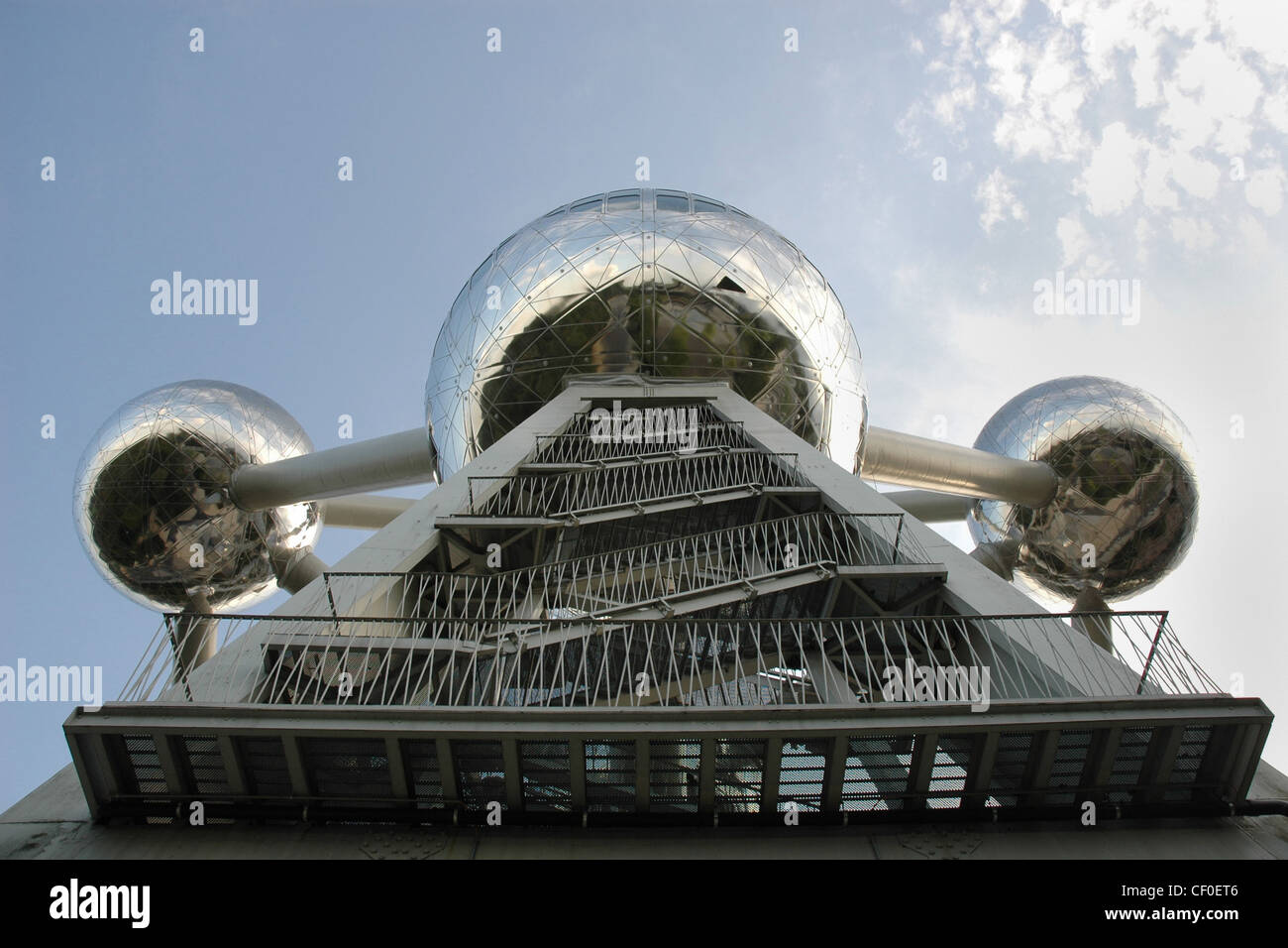 Detail shot of the Atomium. Closeup of three of the spheres and ...