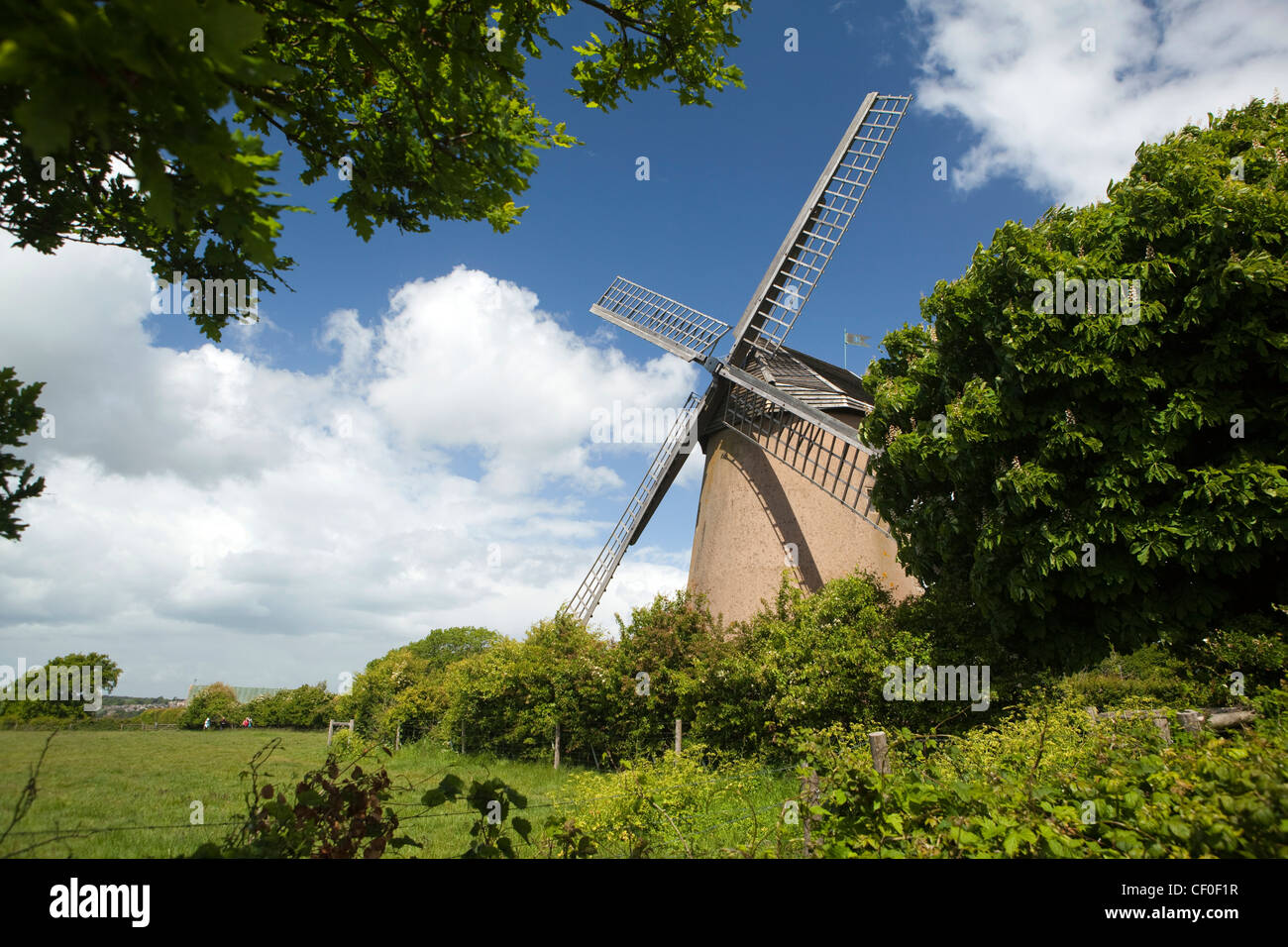 UK, England, Isle of Wight, Bembridge Windmill overlooking open ...