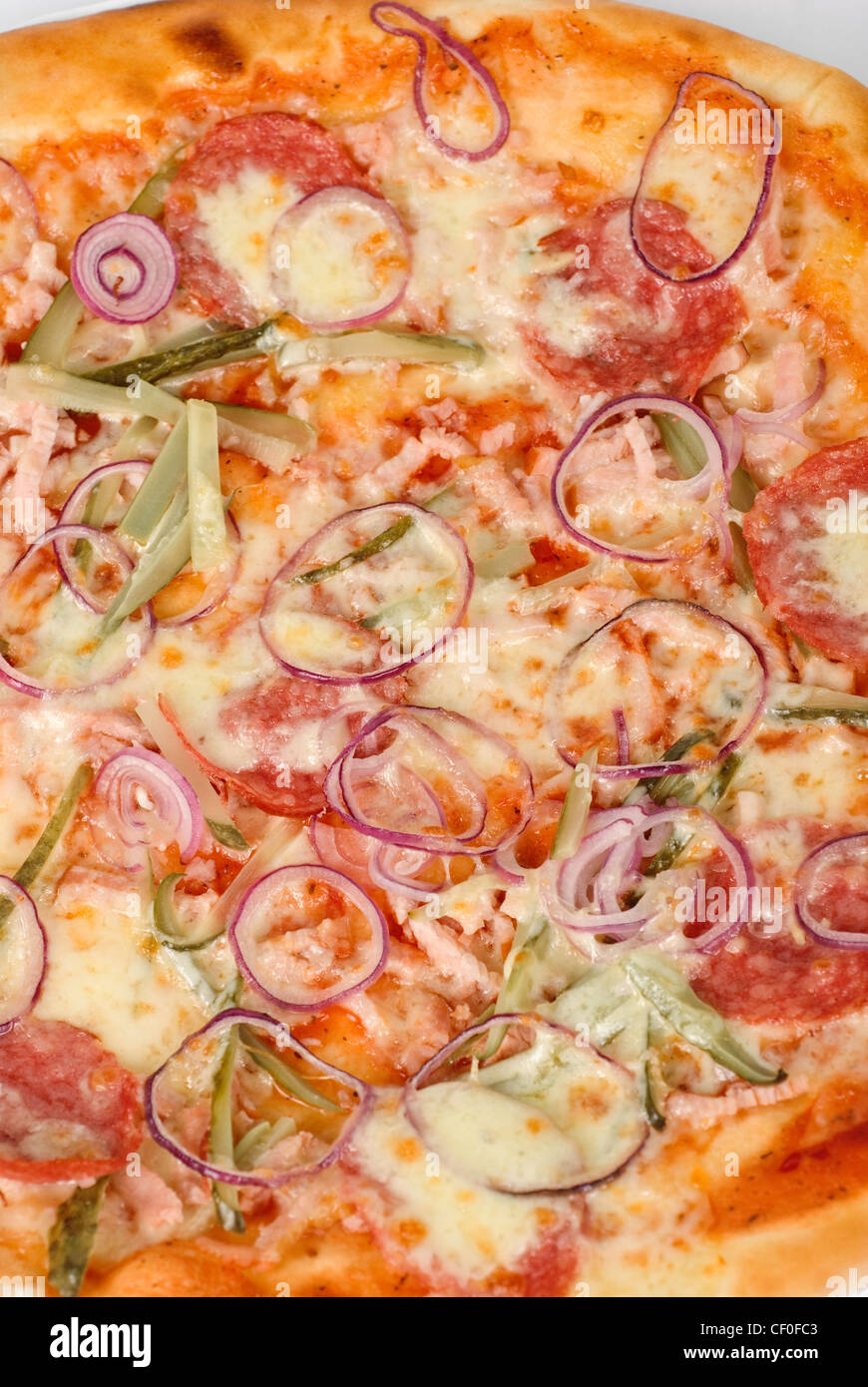 pizza closeup with smoked meat, salami, gherkin, onion and mozzarella ...