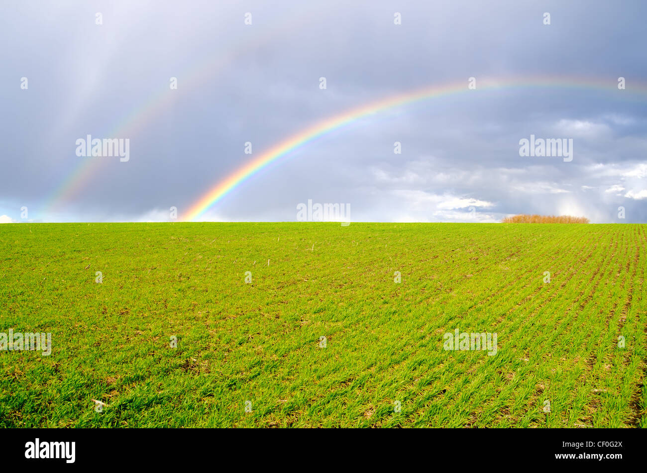 two natural rainbow over green field Stock Photo - Alamy