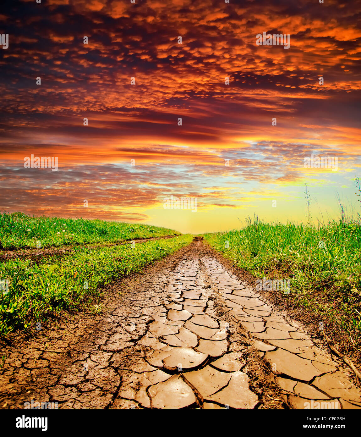 cracked rural road in green grass and cloudy sky Stock Photo - Alamy