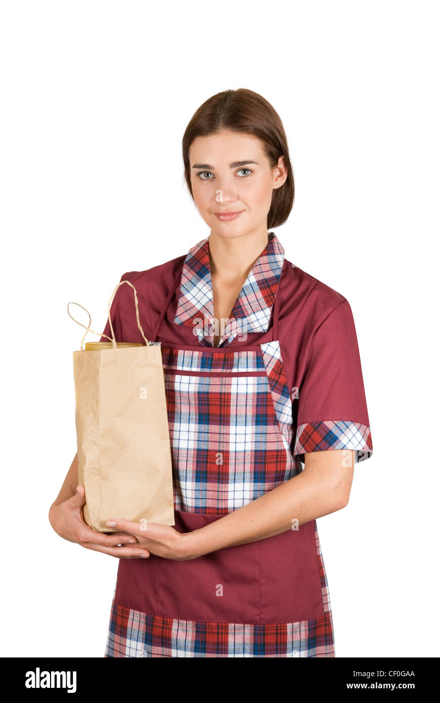 portrait of a female seller on a white Stock Photo - Alamy
