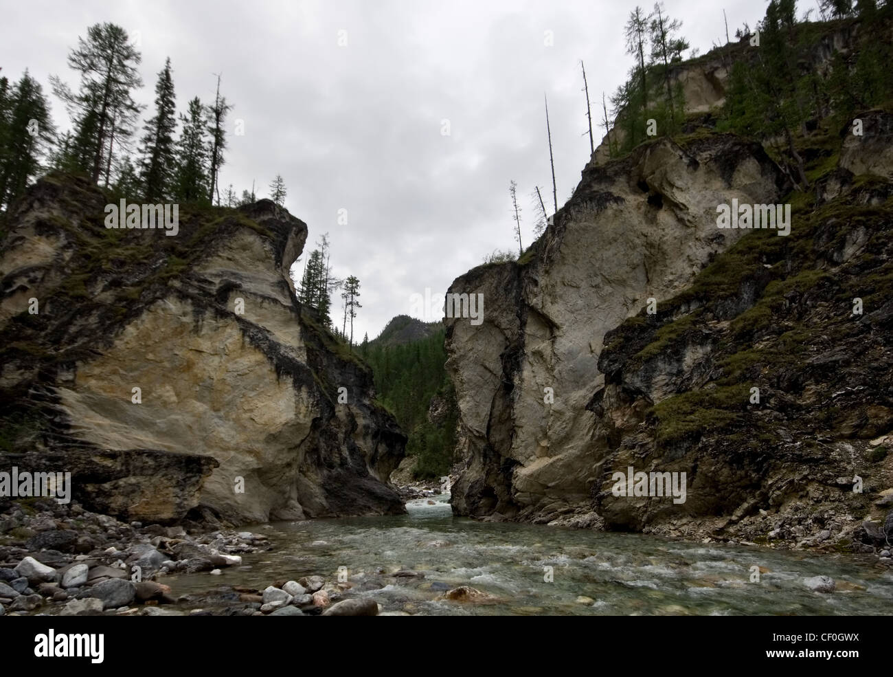 Canyon (ravine) on mountain river Yamangol. Eastern Sayan mountains ...