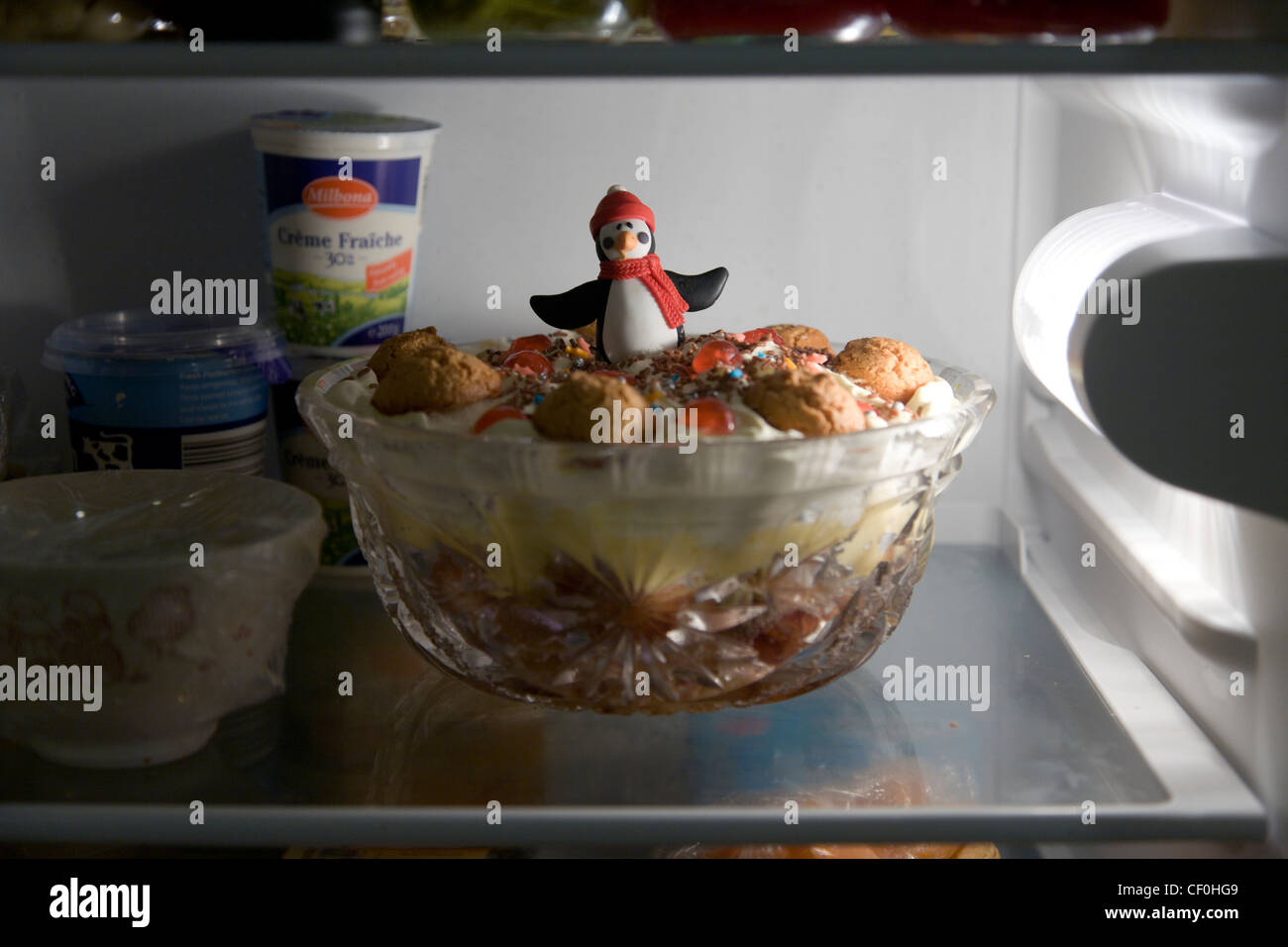 Christmas Sherry Trifle in fridge refrigerator with penguin Stock Photo ...
