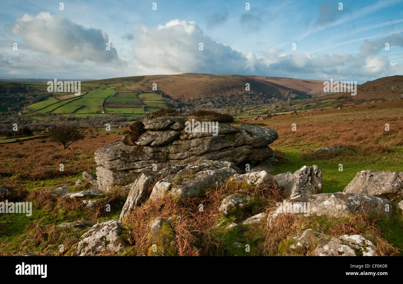 A landscape view of granite rocks and rolling hills in the background ...