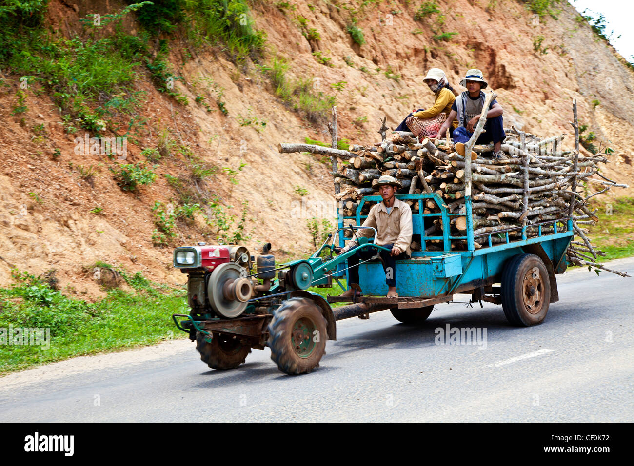 An Asian tractor carrying logs on a road in rural Vietnam Stock Photo ...