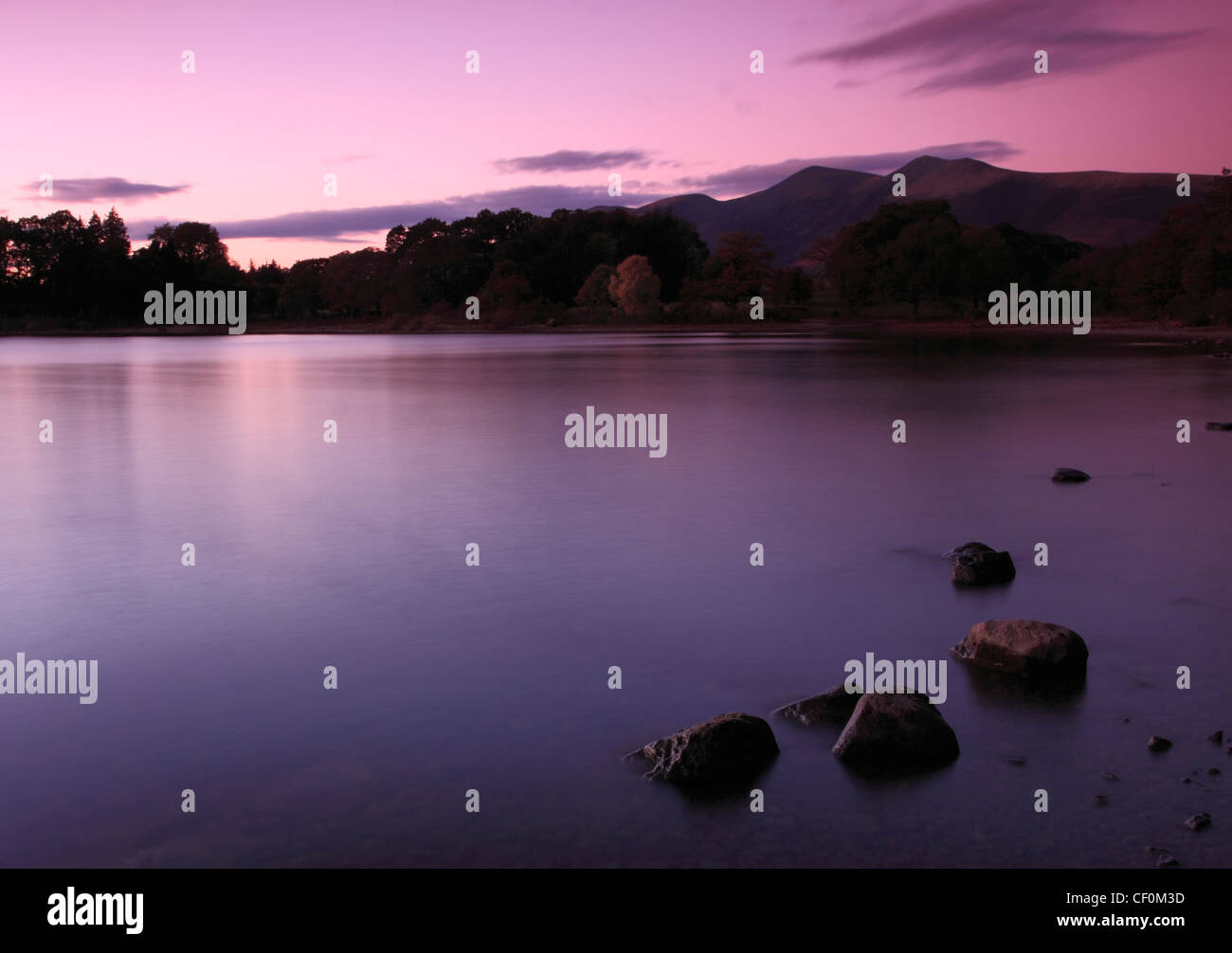 Last light of the day on Derwentwater with the hulk of Skiddaw brooding ...