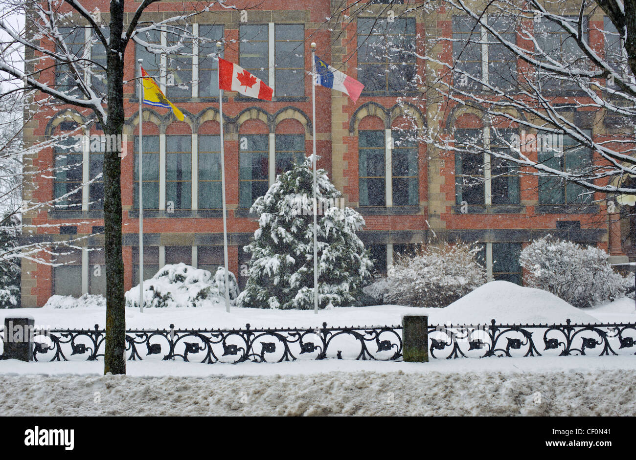 Justice building with canadian, acadien and new brunswick flags in a ...
