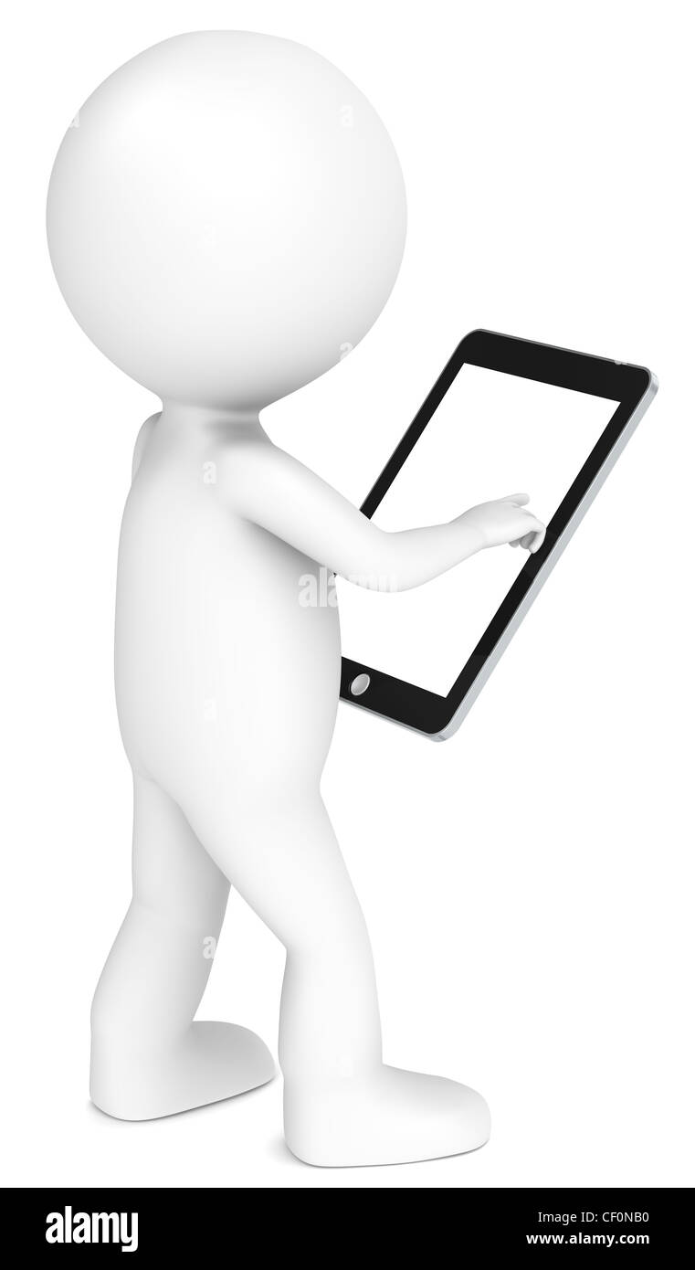 3D little human character holding a Tablet Pad. Blank screen for copy ...
