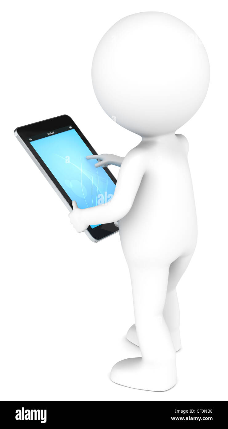 3D little human character holding a Tablet Pad. Blue screen. People ...