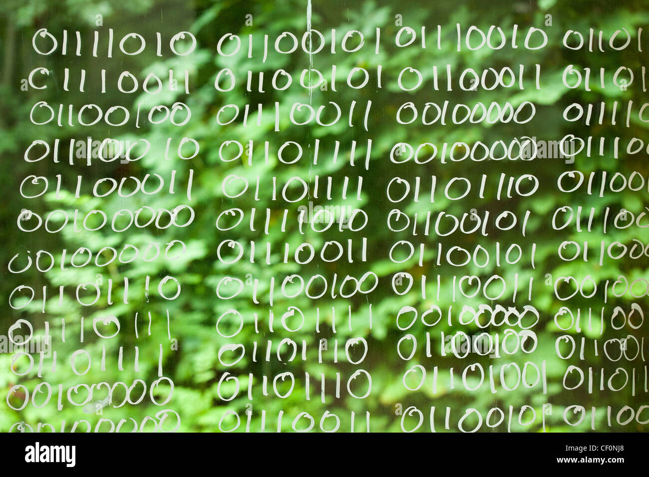 A display of binary code on a window representing artwork inside the ...