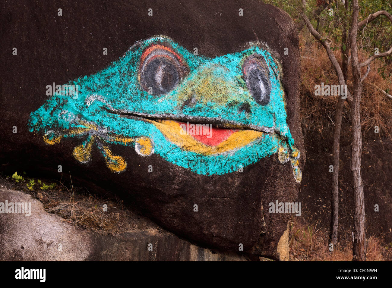 A giant painted green tree frog greets drivers along the Gillies ...