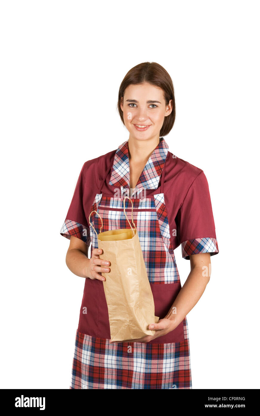 portrait of a female seller on a white Stock Photo - Alamy