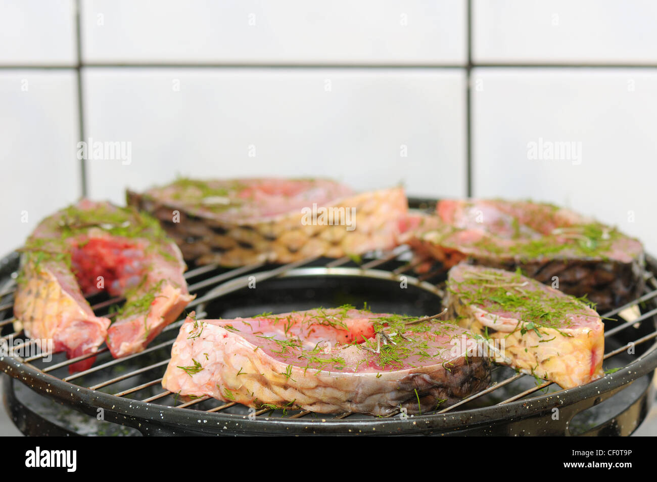 closeup view of fresh fish with green spices on grill Stock Photo - Alamy
