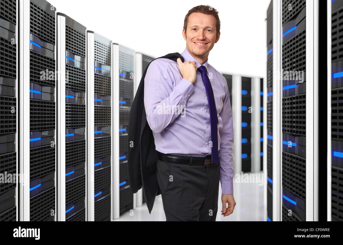 3d image of datacenter with lots of server and happy worker Stock Photo ...