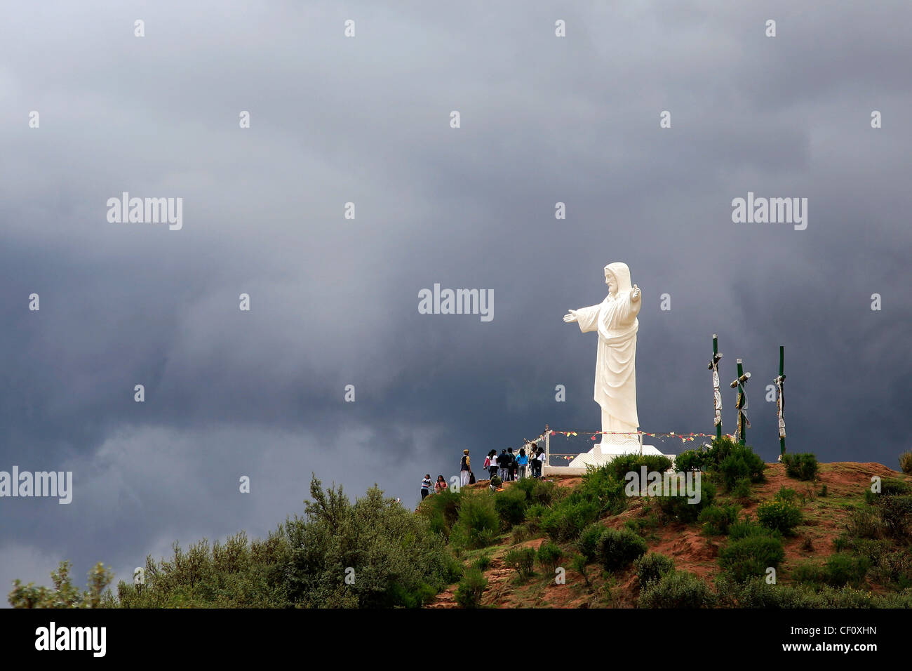 Statue of Jesus Christ at Sacsayhuaman religious Inca site at Cusco ...