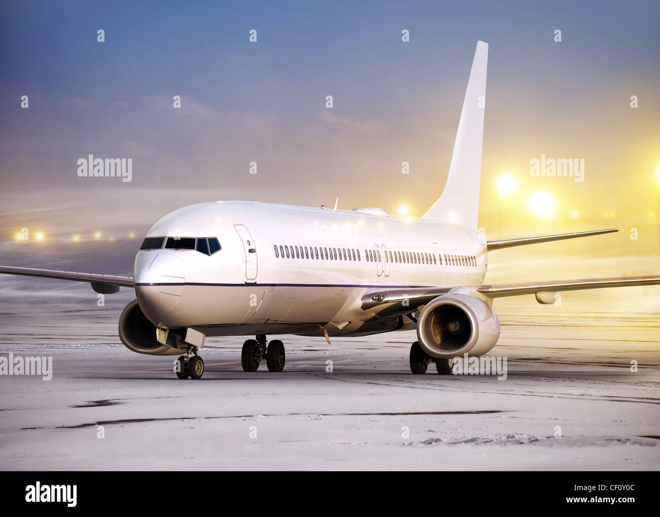 airport and white plane at non-flying weather, winter time Stock Photo ...