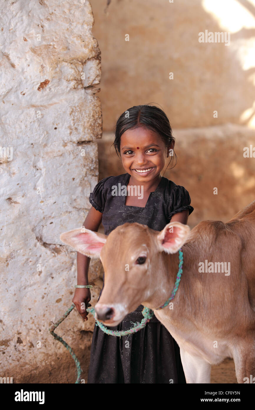 Rural girl with cattle Andhra Pradesh South India Stock Photo - Alamy
