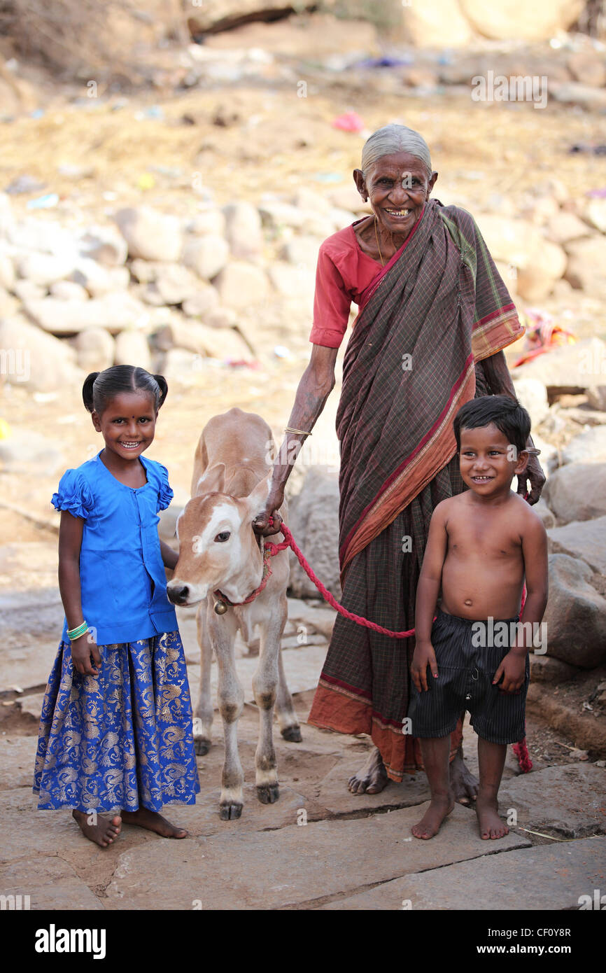 Rural people with little cattle Andhra Pradesh South India Stock Photo ...