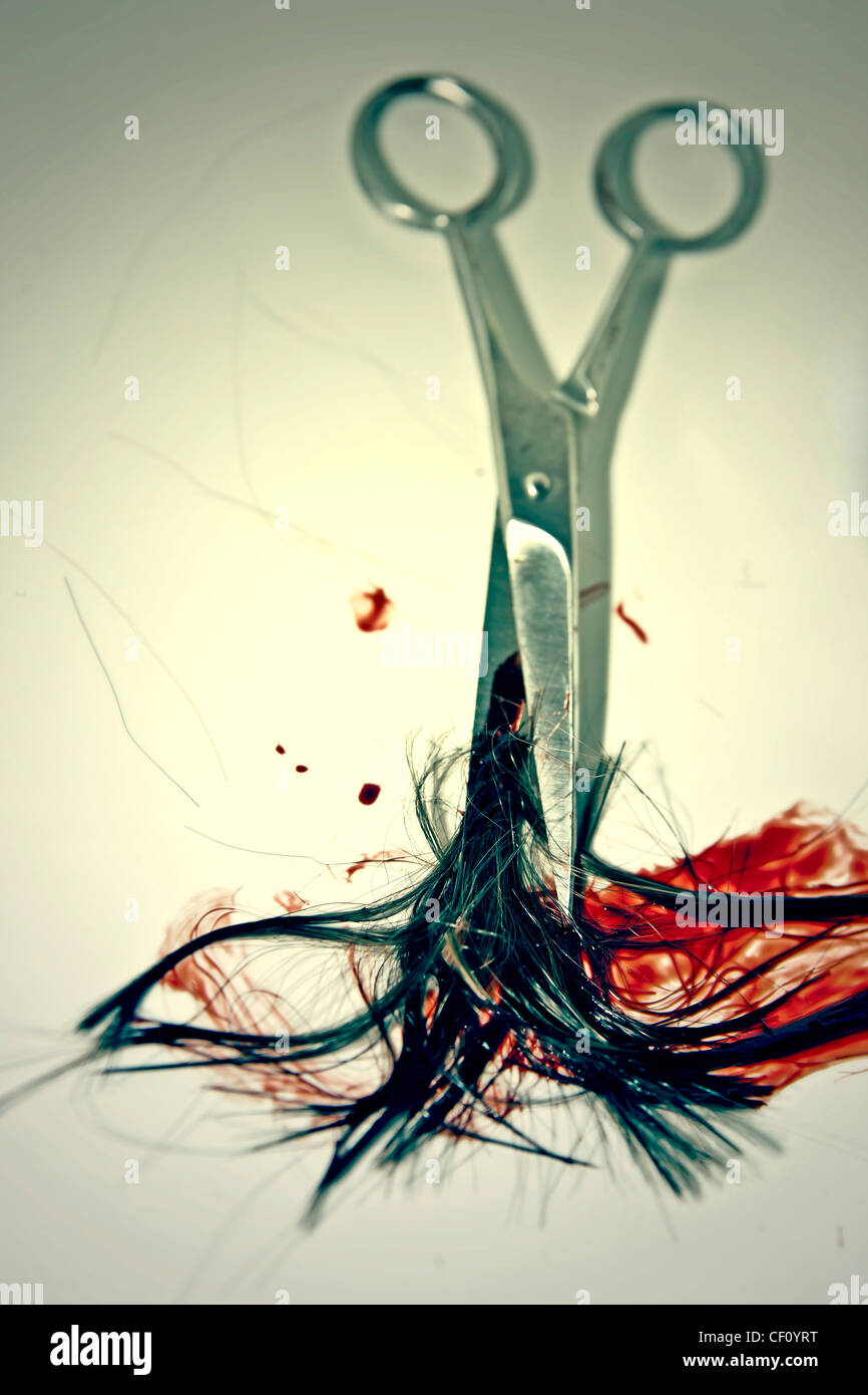 blood-smeared hair with scissors Stock Photo - Alamy