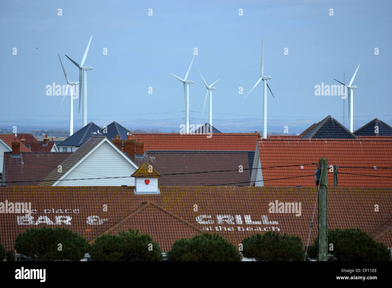 Wind turbines over North of Camber Sands on the East Sussex Coast, seen ...
