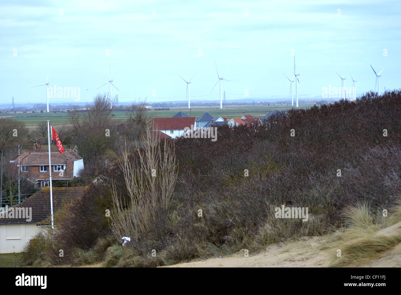 Wind turbines over North of Camber Sands on the East Sussex Coast, seen ...