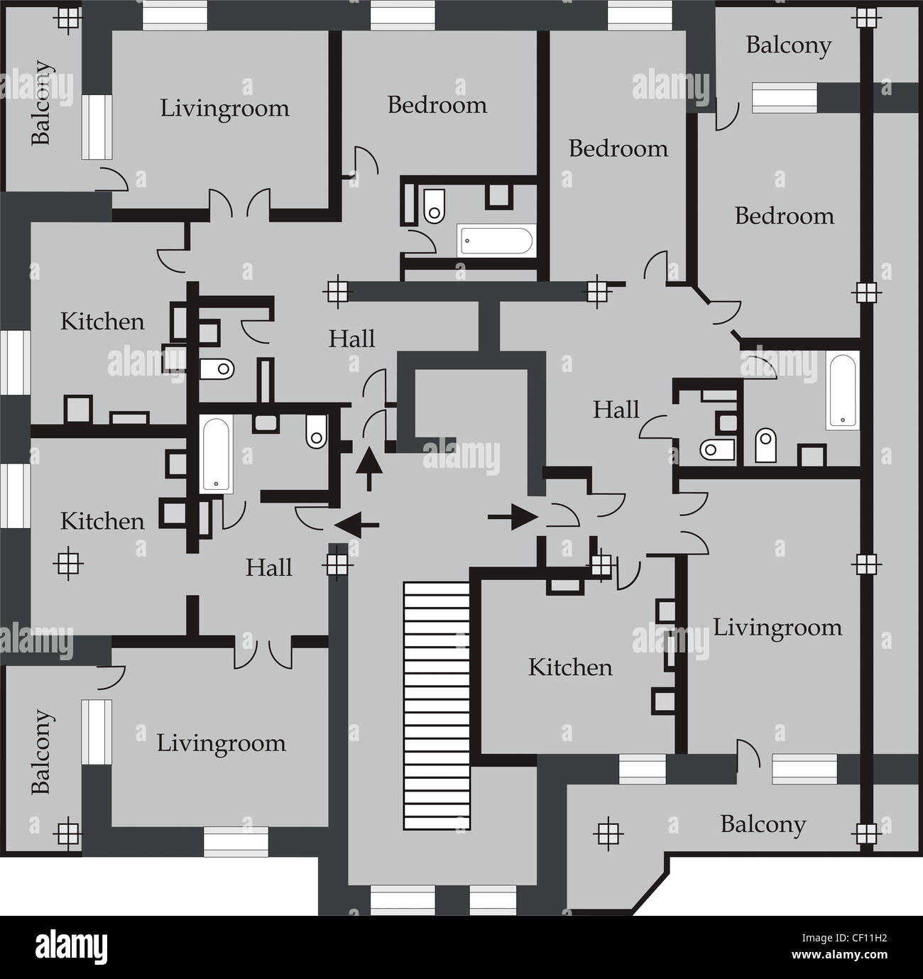Blueprint of three flats in a modern house Stock Photo - Alamy