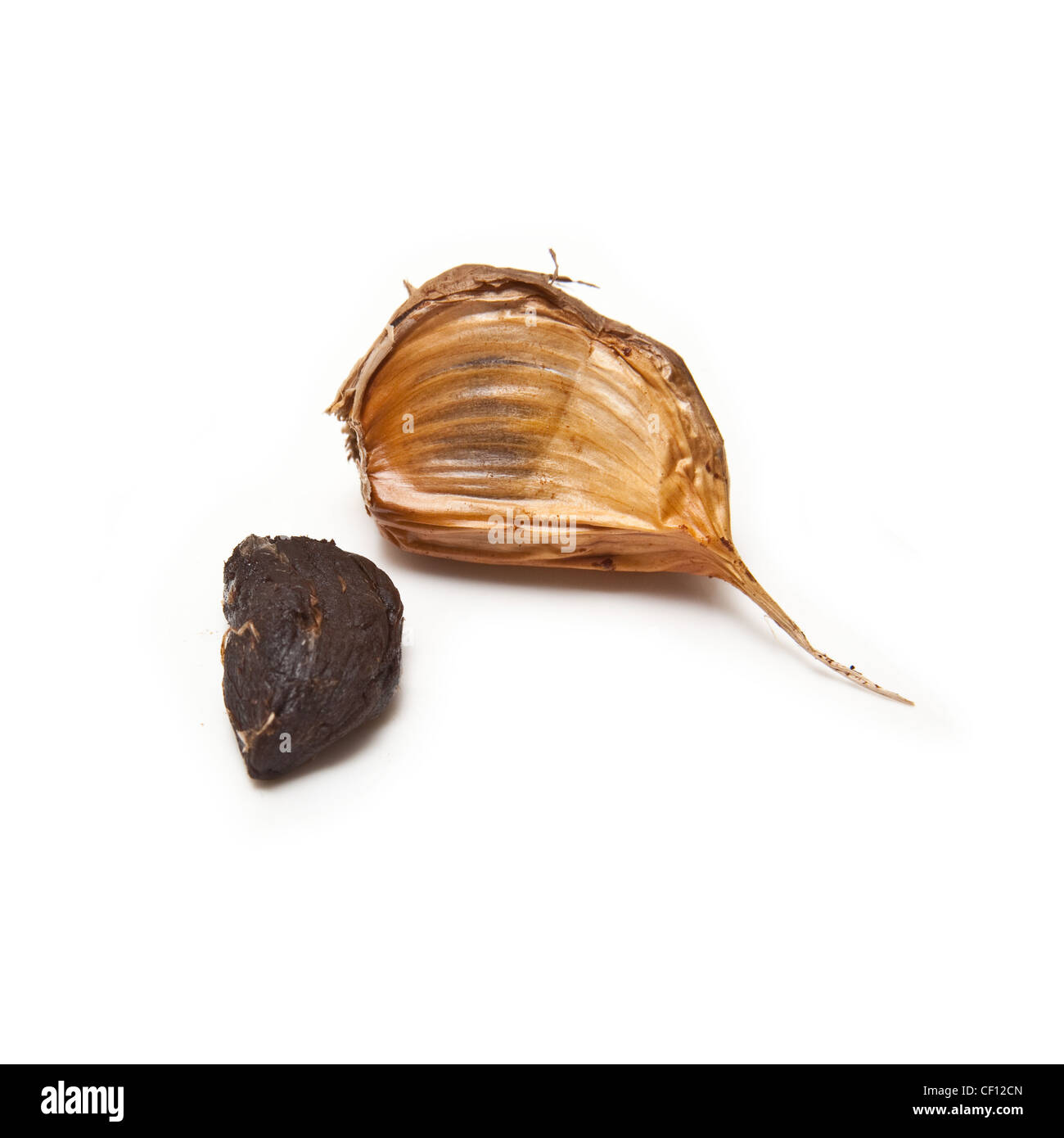 clove of smoked black garlic isolated on a white studio background ...